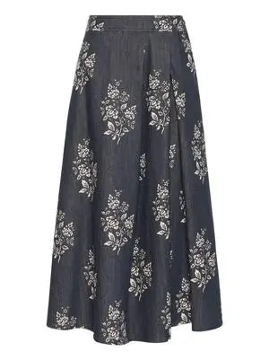 Max Mara Pleated Floral Print Cotton Skirt - Navy