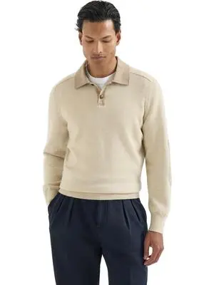 Brunello Cucinelli Cashmere Knit Polo With Suede Collar - Sand