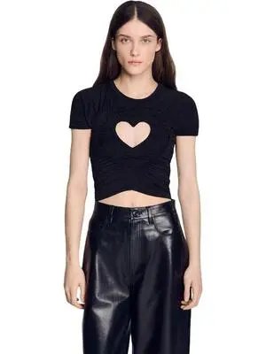 Sandro Ruched Heart Cropped T-shirt - Black