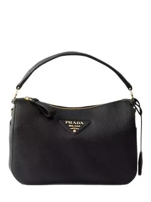 Prada Prada Small Grained Leather Bag With Metal Lettering Logo Black