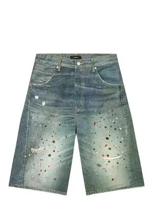 PURPLE BRAND Jewel Embellished Digital Print Wide Leg Denim Shorts - Blue