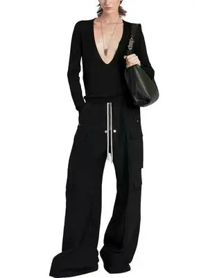 Rick Owens Fine Knit Plunging V-neck Long Sleeve Sweater - Black