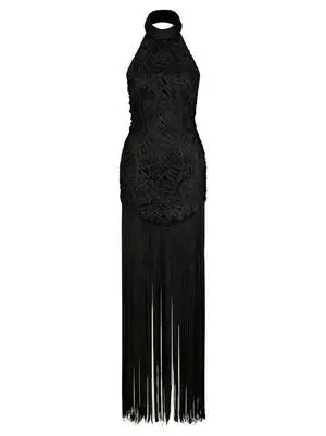 ATOIR Ruched Fringe Halterneck Maxi Dress - Black