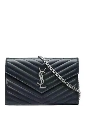 Saint Laurent Grain De Poudre Chevron Cassandre Envelope Chain Wallet Crossbody Bag - Black