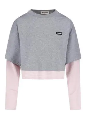 Miu Miu Cropped Cotton T-shirt - Gray