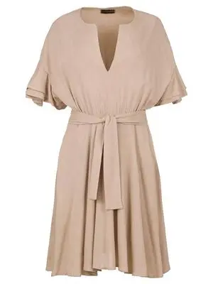 CONQUISTA Beige Linen Blend Ruffle Sleeve Dress With Belt - Brown