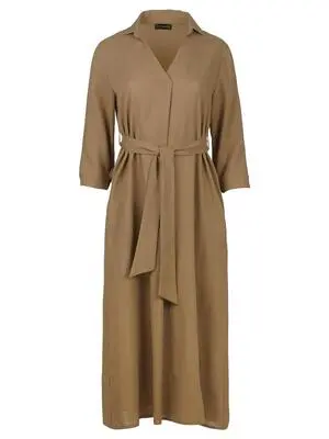 CONQUISTA Linen Style Midi Dress With Belt - Beige
