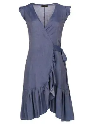CONQUISTA Denim Style Wrap Dress With Ruffled Hem - Blue
