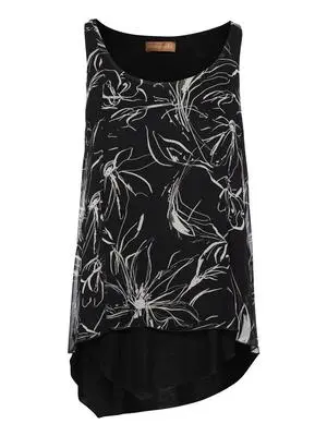CONQUISTA Sleeveless Layered Print Top With Asymmetrical Hem - Black