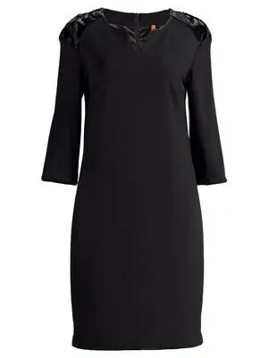 CONQUISTA Straight Dress With Faux Fur Shoulder Detail - Black