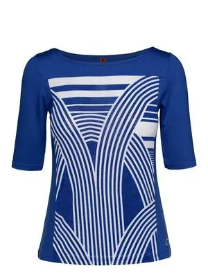 CONQUISTA Graphic Print Boatneck Top With Half Sleeves - Blue