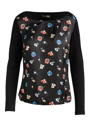 CONQUISTA Poppy Print Long Sleeve Top - Black
