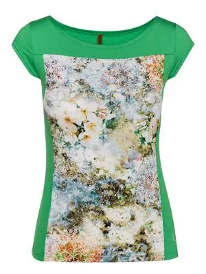 CONQUISTA Floral Print Boat Neck Top - Green