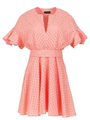 CONQUISTA Embroidered Cotton Dress With Ruffle Sleeves And Belt - Pink