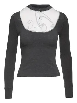CONQUISTA Dark Ribbed Long Sleeve Top With Poplin Detail - Grey