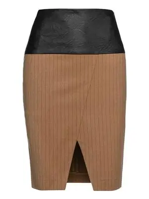 CONQUISTA Camel Striped Pencil Skirt With Faux Leather Waistband - Brown