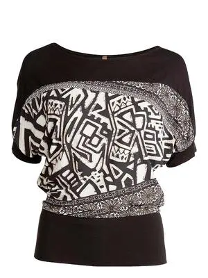 CONQUISTA Short Sleeve Boatneck Top With Geometric Print - Black