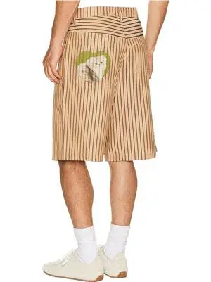 PLEASURES Cat Graphic Striped Seersucker Shorts - Beige