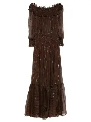 SELF-PORTRAIT Long Dress With Knotted Ties And Striped Pattern - Brown