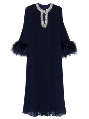 SELF-PORTRAIT Long Pleated Dress With Feather Trim - Blue