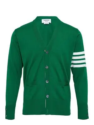 THOM BROWNE THOM BROWNE Green Merino Wool V-Neck Cardigan With Four-Stripe Detail