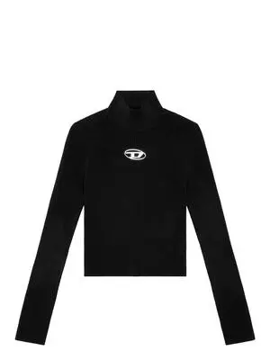 DIESEL® Ribbed High Neck Top With Logo Applique - Black