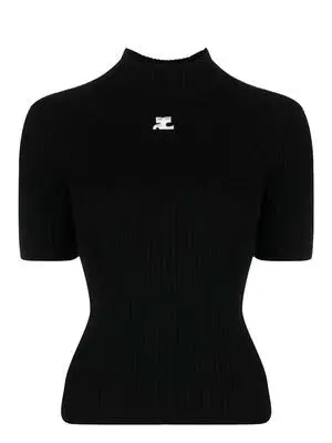 COURREGES Ribbed Knit Top With Logo Detail - Black