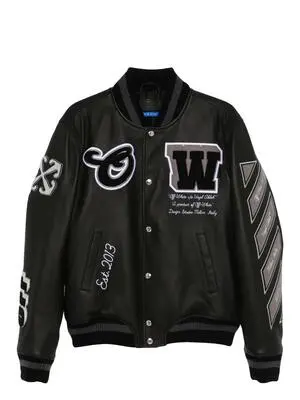 Off-White Leather Bomber Jacket With Logo Appliqu - Black
