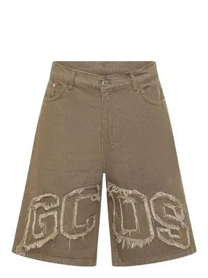 Gcds Logo Appliqué Frayed Denim Shorts - Brown