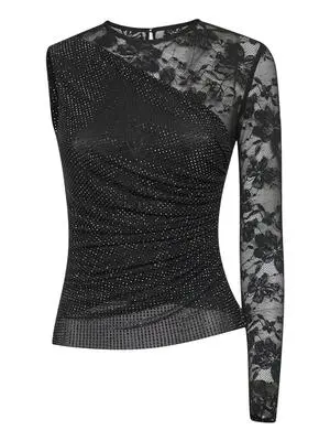 SELF-PORTRAIT One Shoulder Floral Lace Top - Black