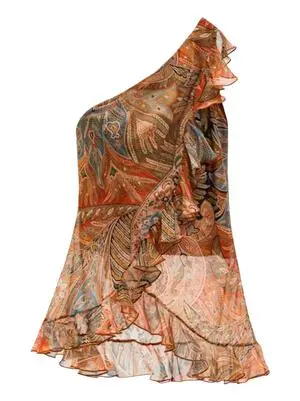 Etro One-shoulder Silk Top With Logo Print And Ruffles - Multi