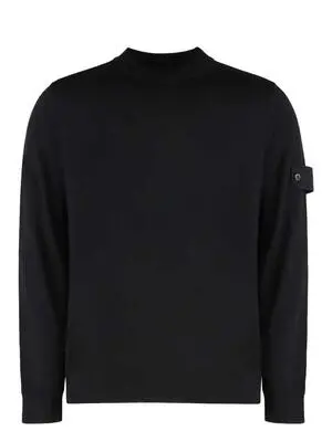 Stone Island Virgin Wool Sweater With Logo Patch - Black