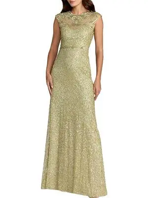 Mac Duggal Embellished High Neck Cap Sleeve Gown - Fern