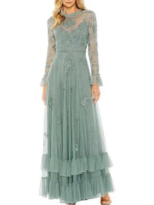 Mac Duggal Embellished Long Sleeve Ruffle Gown - Spruce