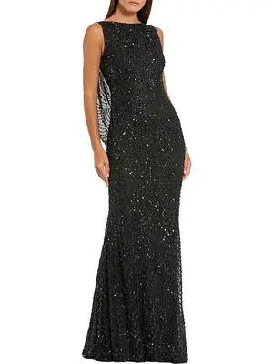 Mac Duggal Sleeveless Embellished Gown With Draped Beading And Cowl Back - Black
