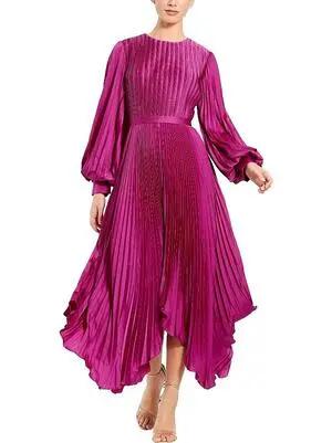 Mac Duggal Long Sleeve Pleated Charmeuse Handkerchief Dress - Fuchsia