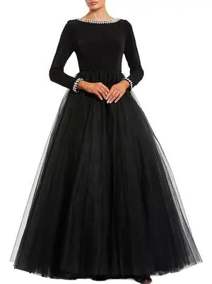 Mac Duggal Embellished Long Sleeve Ballgown - Black