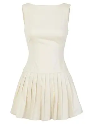 SAME Poplin Mini Dress With Boatneck And Pleated Skirt - Cream