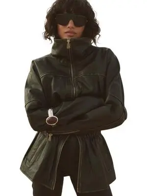 SAME Leather Parka With Exaggerated Collar - Black