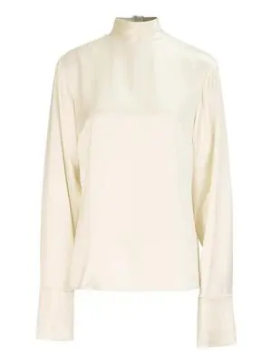 SAME Satin Long Sleeve Mock Neck Blouse - Cream