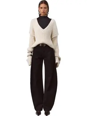 SAME Oversized V-neck Ribbed Wool Blend Sweater - Cream