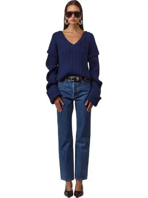 SAME Oversized V-neck Ribbed Sweater - Navy