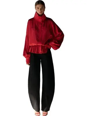 SAME SAME Silk Peplum Bomber Jacket Red