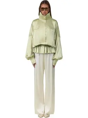 SAME Silk Peplum Bomber Jacket With Stand Collar - Sage