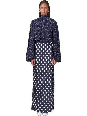 SAME Draped Sleeve Chiffon Top Navy White Polka Dot
