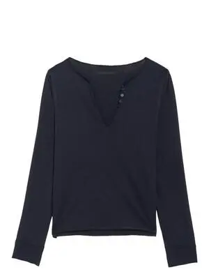 Zadig&Voltaire Long Sleeve Henley Shirt With Rhinestone Wings - Black