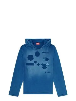 DIESEL® Indigo Cotton Jersey Hoodie Long-sleeve T-shirt With Shadow-effect Patches - Medium Blue