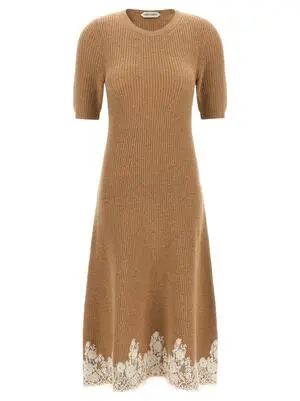 Alberta Ferretti Ribbed Knit Midi Dress With Lace Hem - Brown