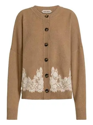 Alberta Ferretti Cashmere Cardigan With Lace Hem - Light Brown