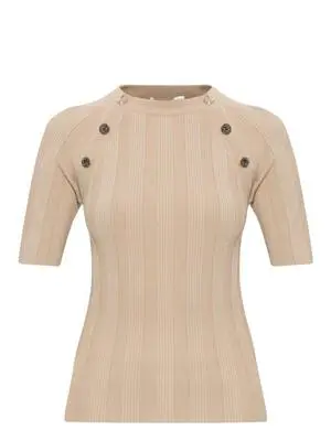 Sportmax Sportmax Ribbed Knit Round Neck Short Sleeve Top With Button Detail Beige